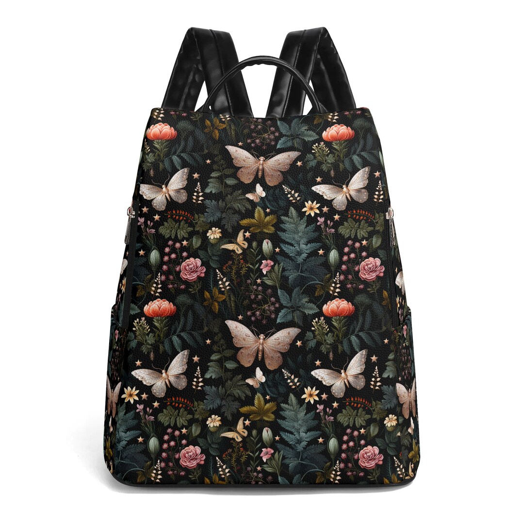 FLORAL BUTTERFLIES Vegan Leather Daypack Anti-theft Backpack, Mystical ...