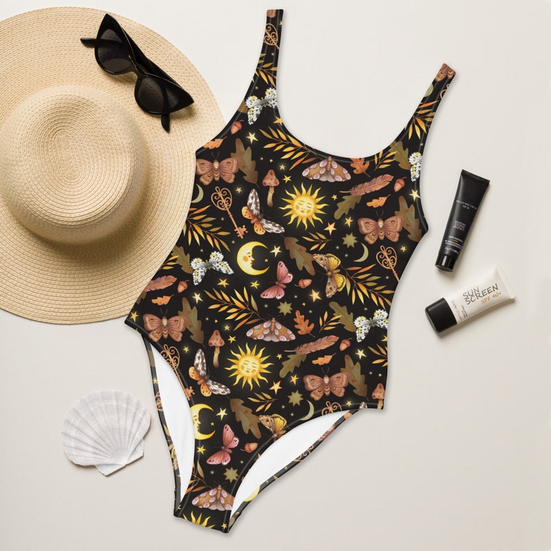 SUN MOON MYSTICAL One-piece Swimsuit, Mystical Moth Witchy Swimming ...