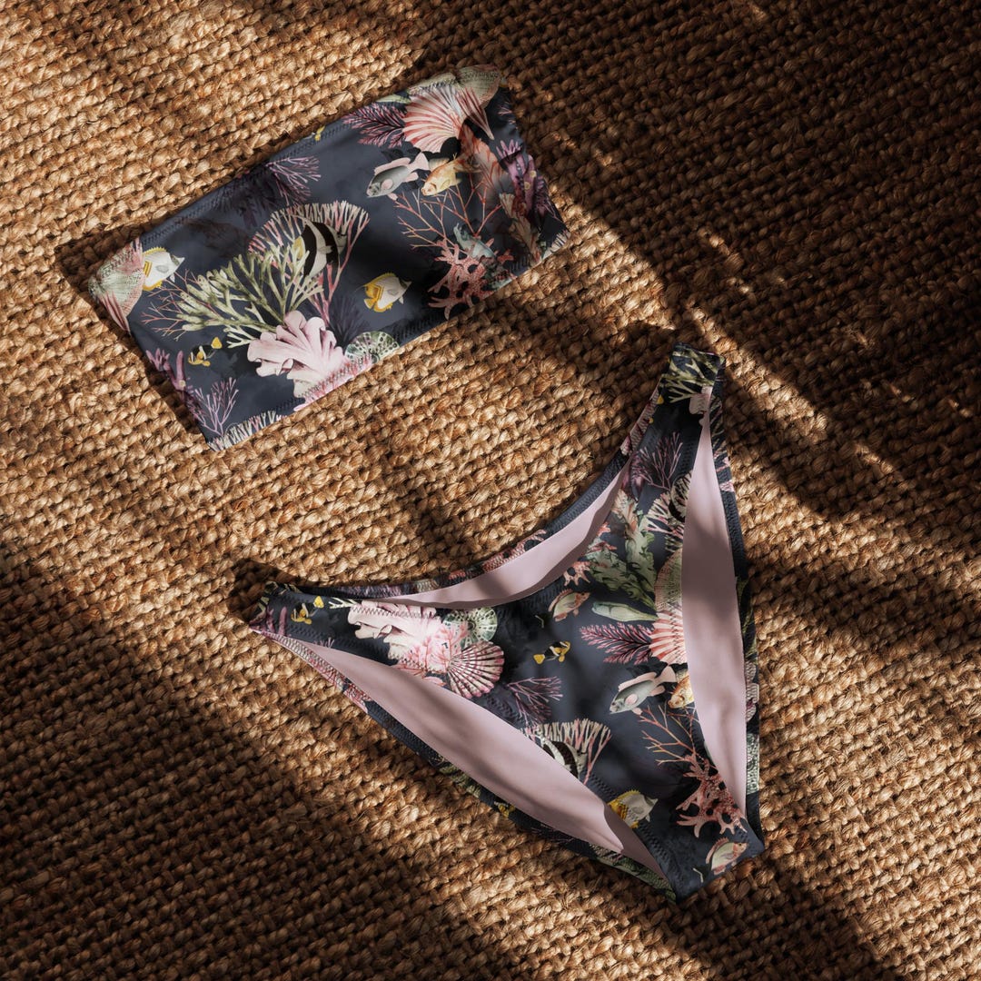 TROPICAL CORAL REEF Recycled Bandeau Bikini Set, Sealife Swimsuit With ...