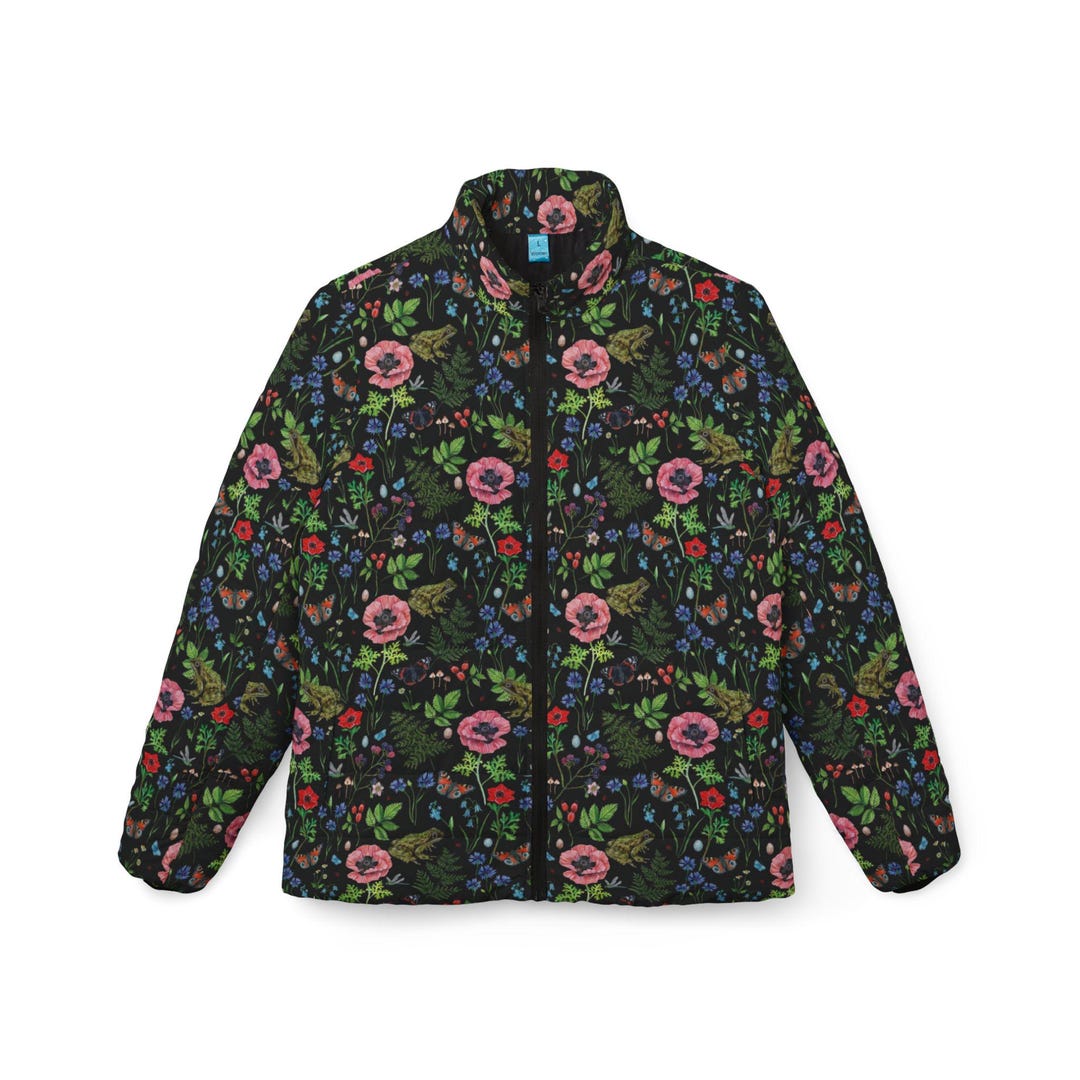 FLORAL FROGS Puffy Jacket, COTTAGECORE Botanical Puffer With Frogs ...