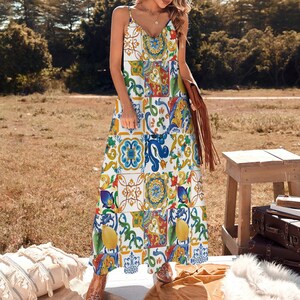 MAJOLICA Sling Dress, Italian Tiles Ankle Length Sundress, Colorful ...