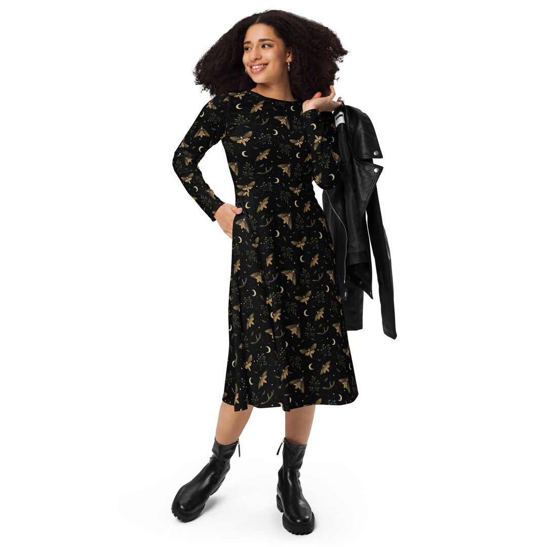 DEATH HEAD HAWKMOTH Long Sleeved Midi Dress, Moth & Moon Dress, Fall ...