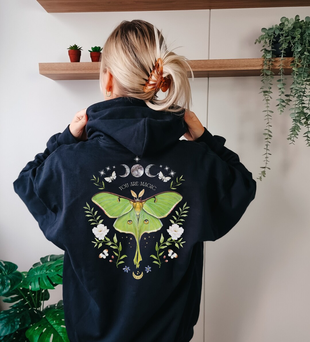 GREEN LUNA MOTH Zip up Hoodie, You Are Magic Floral Mystical Comet Moth ...