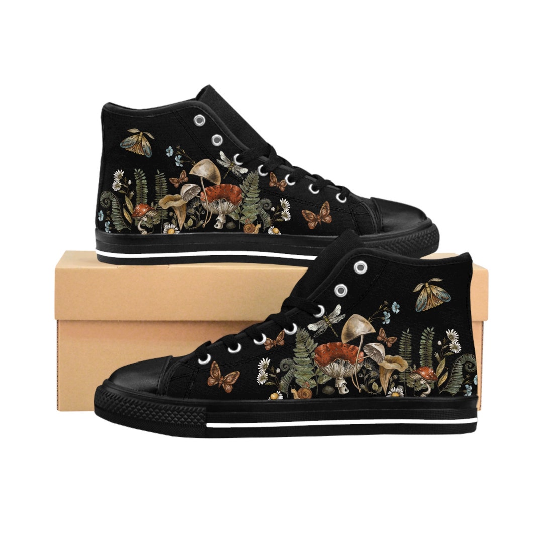 Dark WOODLAND Aesthetic Women's Sneakers, Forest Plants Mushrooms Wild ...