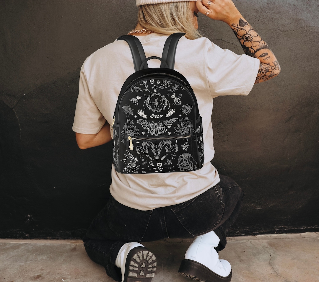 GOTHIC Small Vegan Leather Backpack Skeleton Moth & Flowers, Mystical ...
