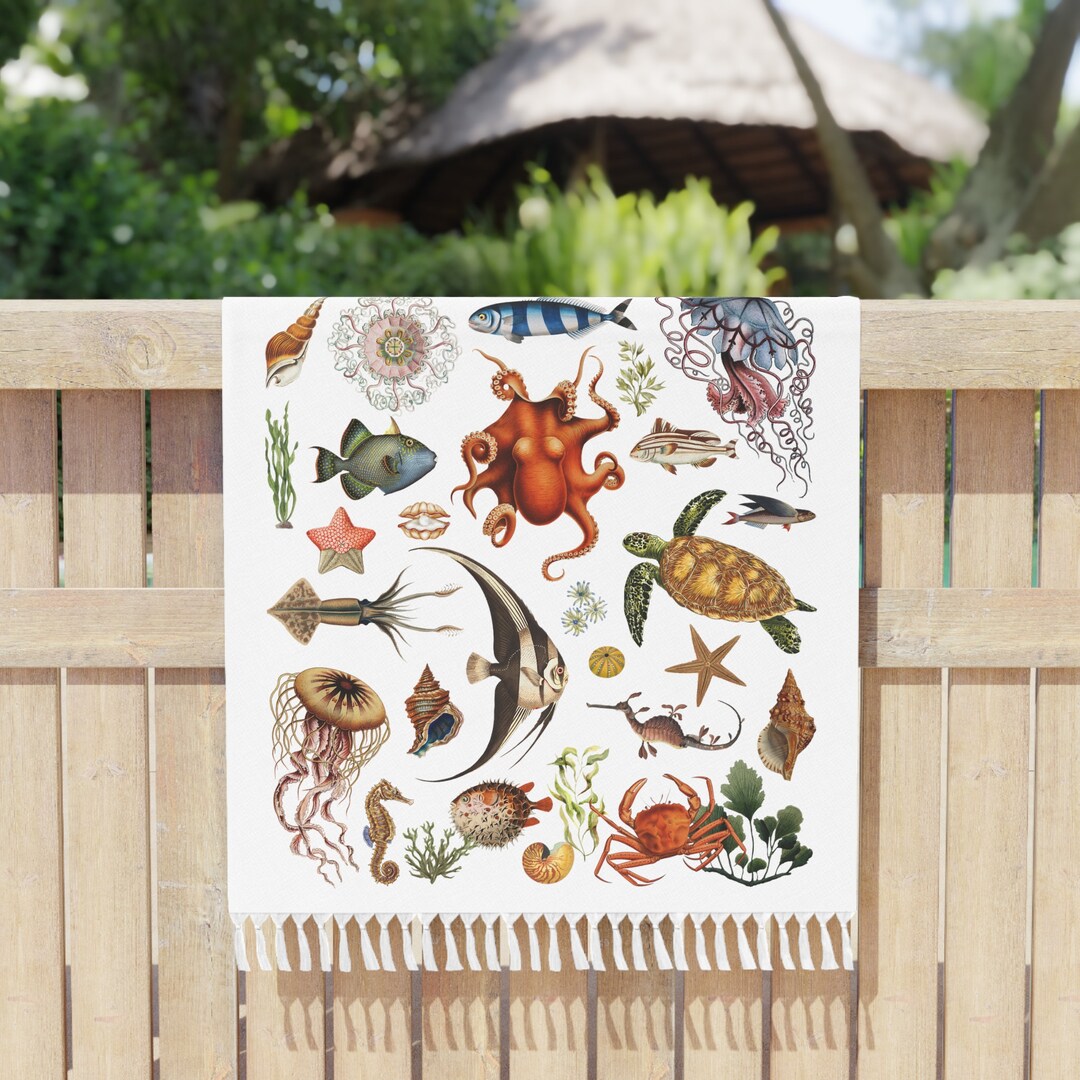 VINTAGE SEA CREATURES Boho Beach Cloth, Underwater Life Beach Towel ...