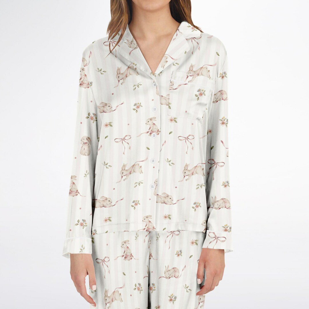 Girly Pink Coquette Bunnies Satin Pajama Set, Cute Floral Rabbits Long ...