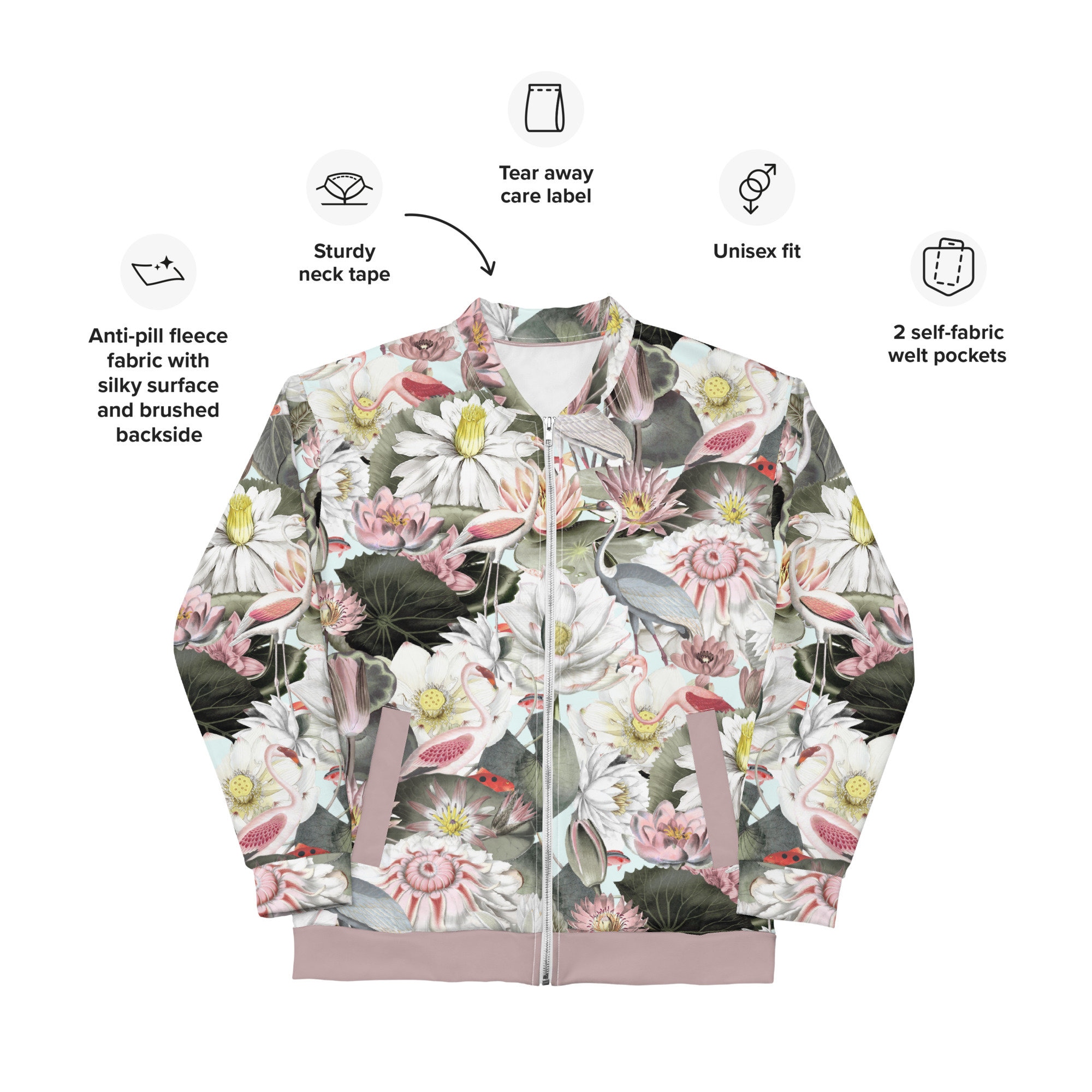 LOTUS GARDEN Bomber Jacket With Flowers Flamingo and Gold Fish, Lily ...
