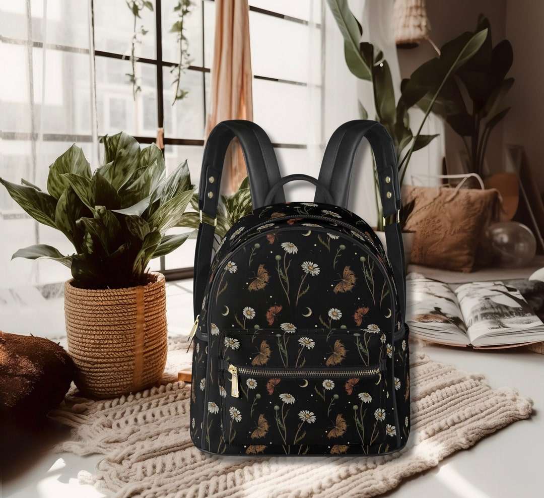 Fall Inspired Small Vegan Leather Backpack With Daisies & Moth Print ...