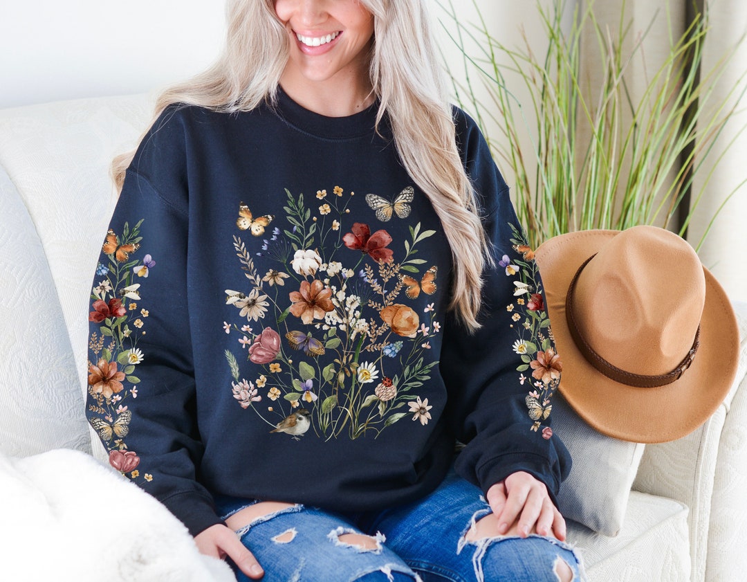 Cottagecore Floral Sweater With FRONT & SLEEVES Design, Boho Floral ...