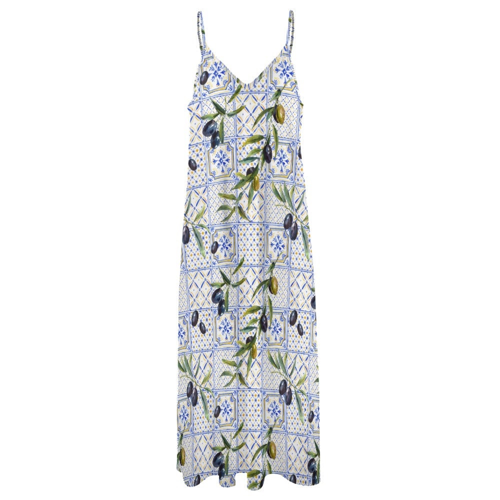 Olives Tiles Blue Ornaments Pattern Dress, Portuguese Sling Dress ...