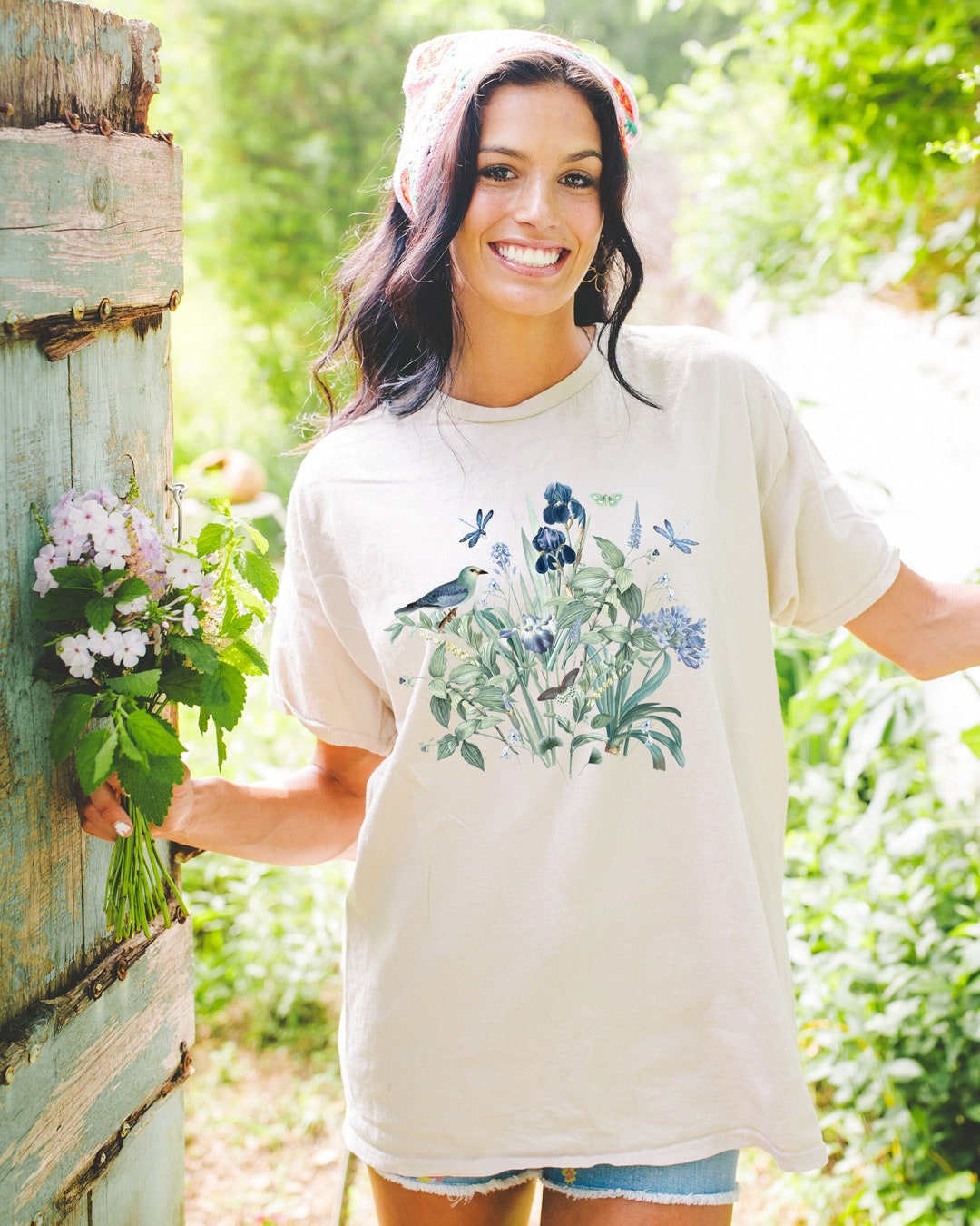 BLUE FLOWERS T-shirt, Cottagecore Floral Shirt, Birdsong Shirt, Nature ...