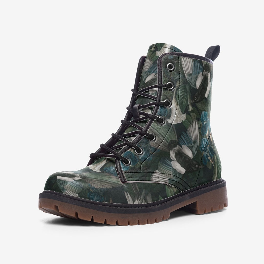 MAGPIE BIRD Cottagecore Vegan Leather Combat Boots, Floral Bird Combat ...