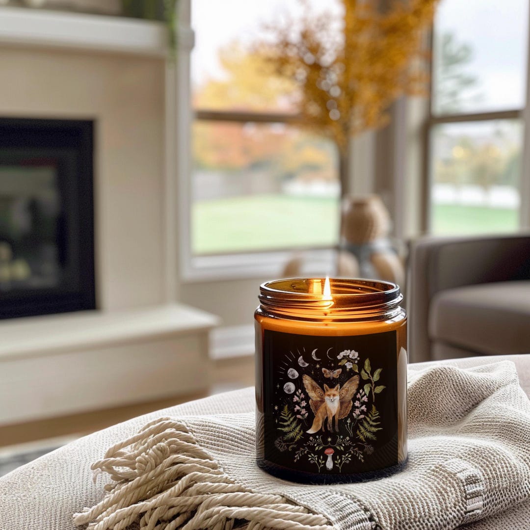 WINGED FOX Scented Candle With Lid, Magical Fairy Fox Amber Glass Jar ...