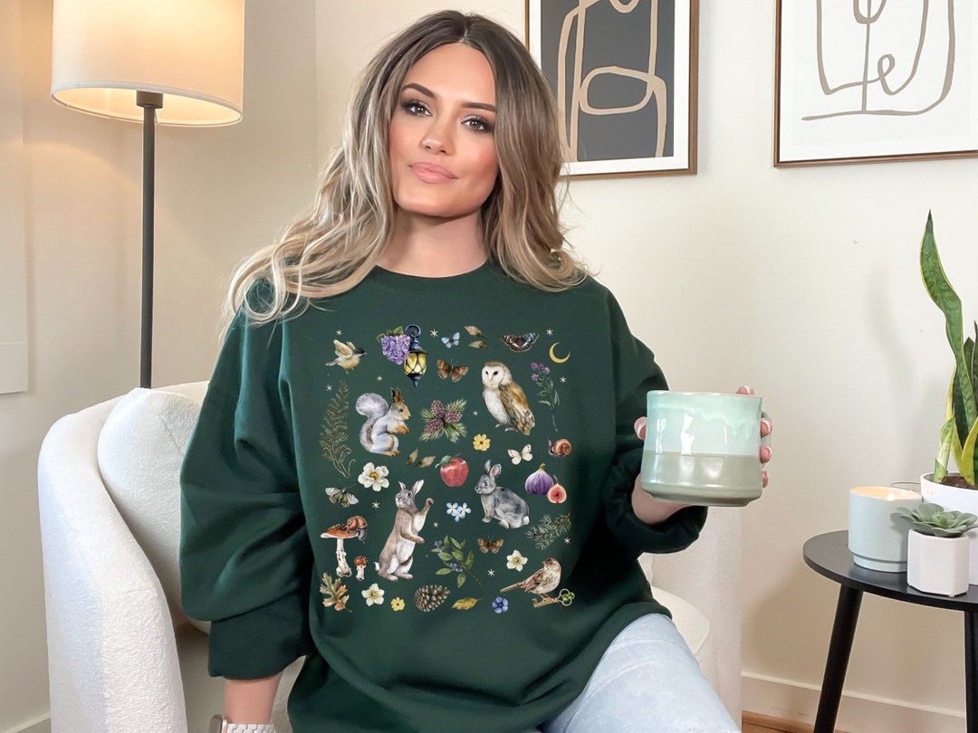 COTTAGECORE Sweater With Owl Rabbits Squirrel and Birds Print, Cute ...