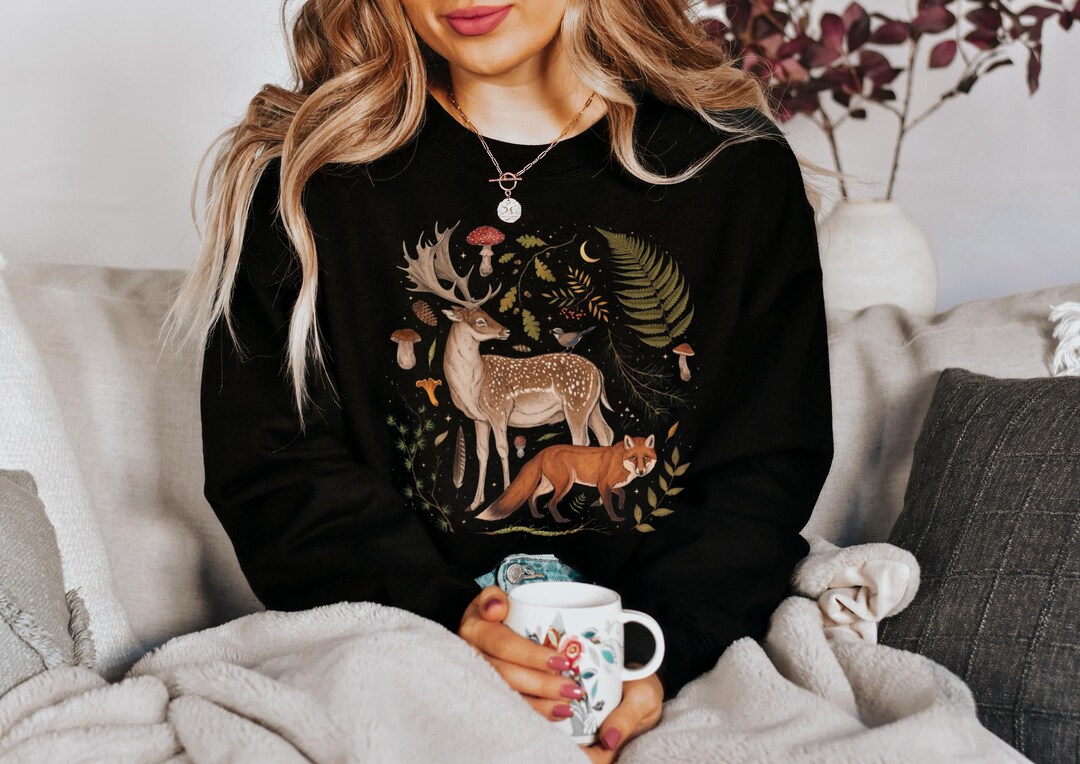 FORESTCORE Sweatshirt With Deer Fox & Mushrooms Design, Woodland ...