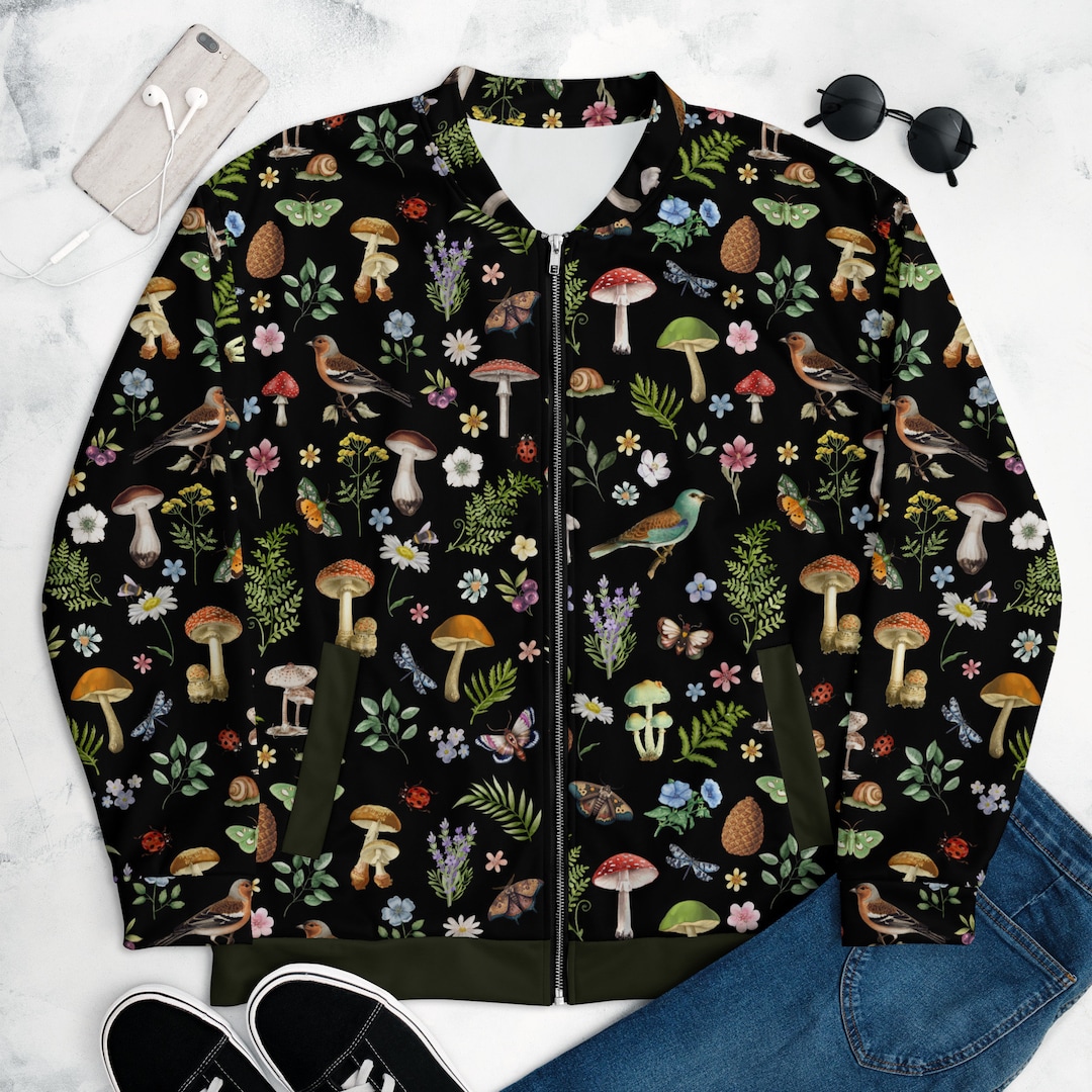 COTTAGECORE Bomber Jacket With Forest Birds Mushrooms Butterflies ...