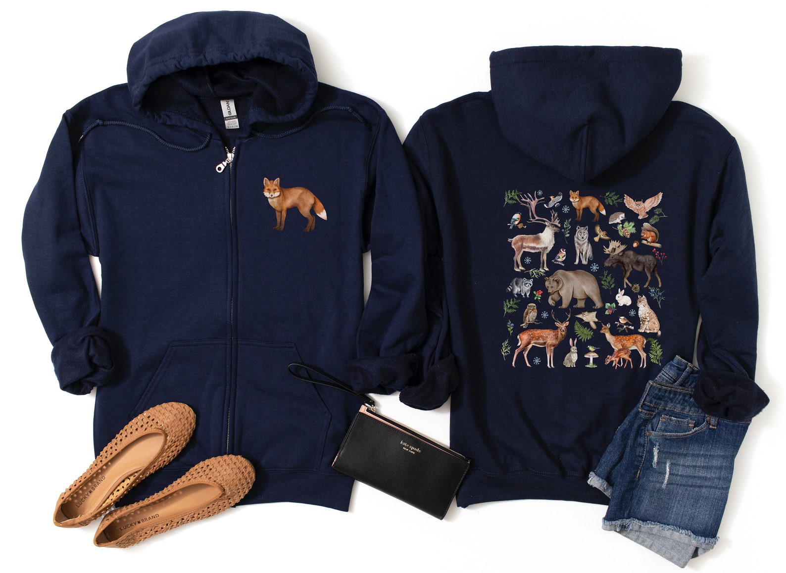 FOREST ANIMALS Zip up Hoodie With Deer Moose Bear Fox Wolf Lynx & Owl ...