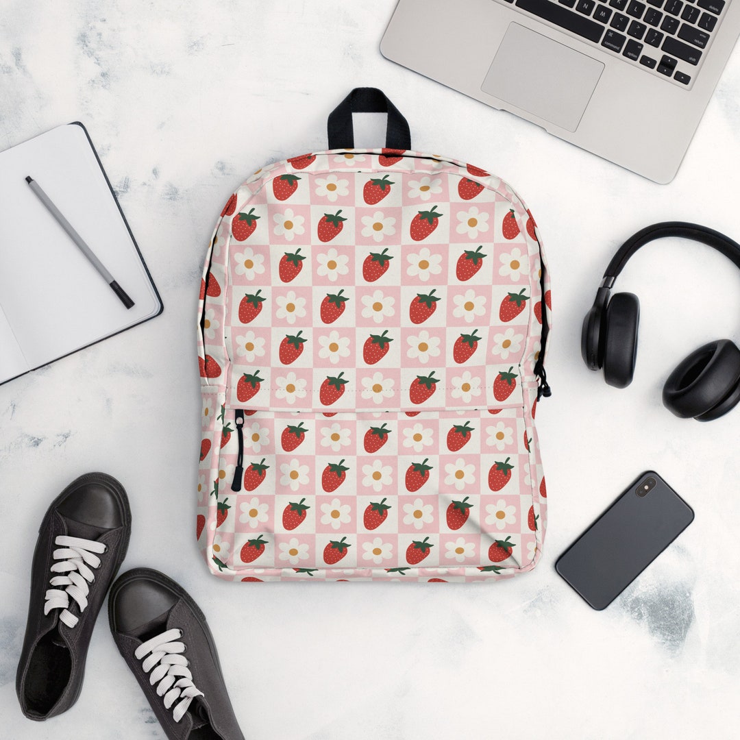 Checkered School Backpack for Girls With Strawberries and Retro Daisies ...