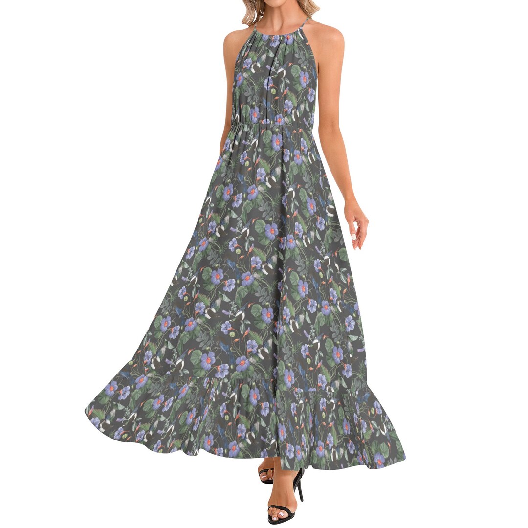 MAGPIE & BINDWEED FLOWERS Ruffle Hem Halter Neck Maxi Dress, Floral ...