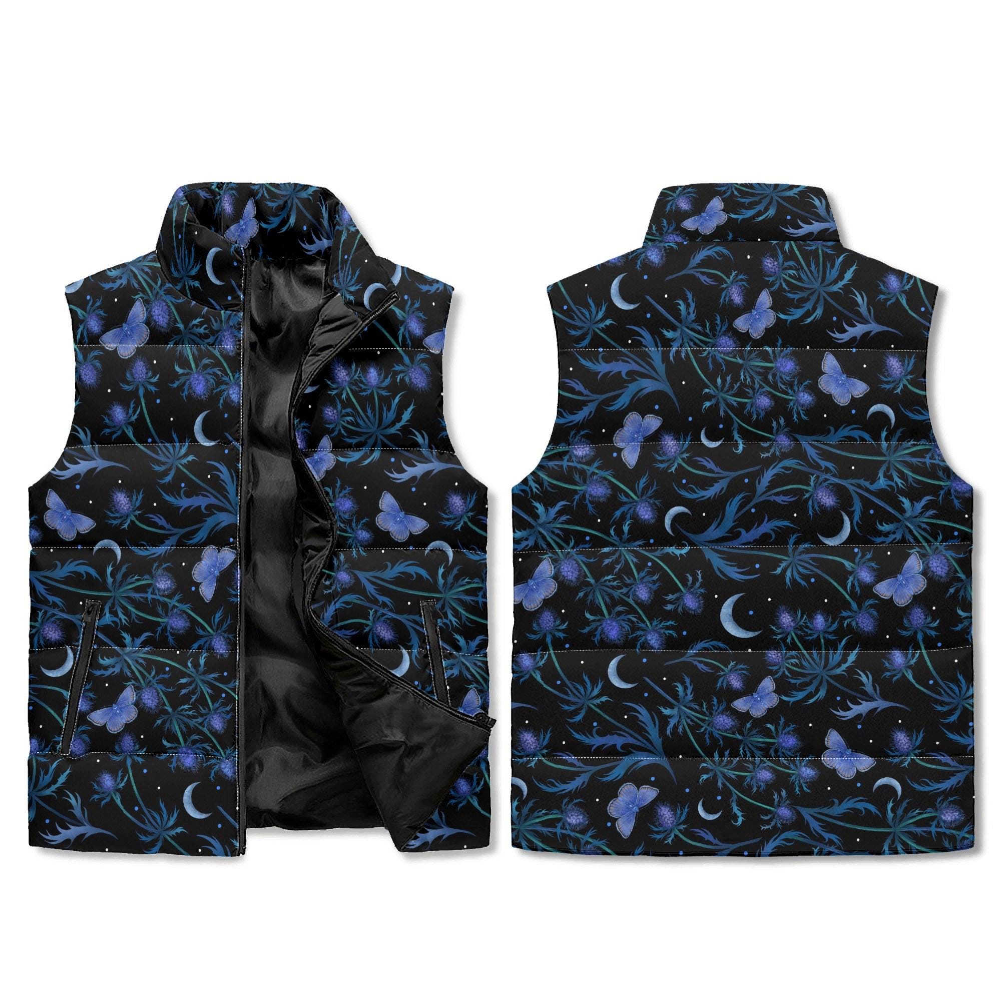 Blue Butterflies and Thistle Flowers Women’s Puffer Vest, Dark Floral ...