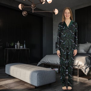 MAGICAL MOON & MOTH Women Two Piece Satin Pajama Set, Moonlit Garden ...
