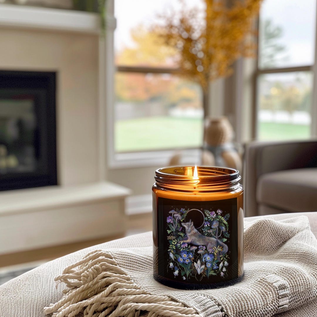 MYSTICAL WOLF Scented Candle, Boho Witchy Amber Glass Jar Candle With ...