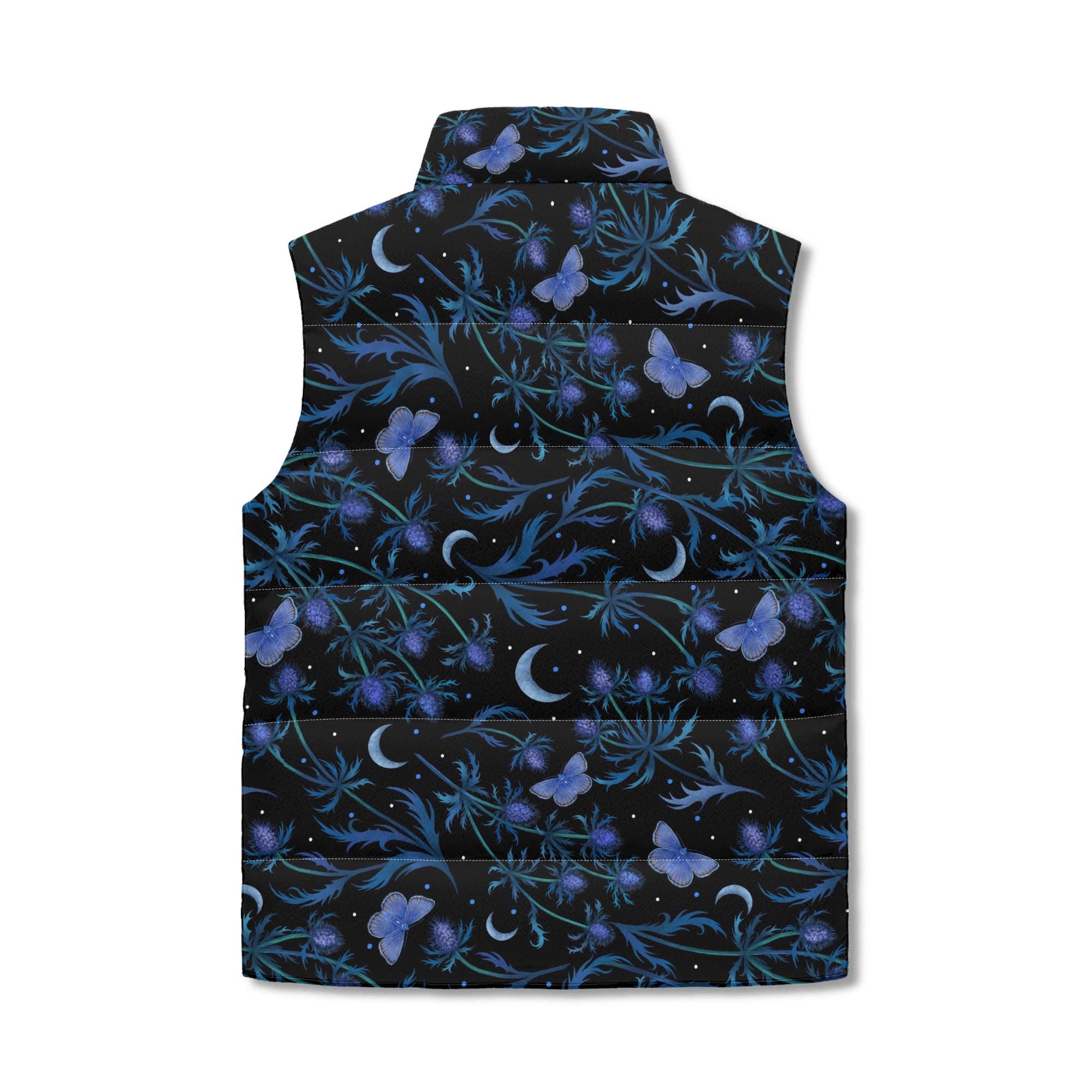 Blue Butterflies and Thistle Flowers Women’s Puffer Vest, Dark Floral ...