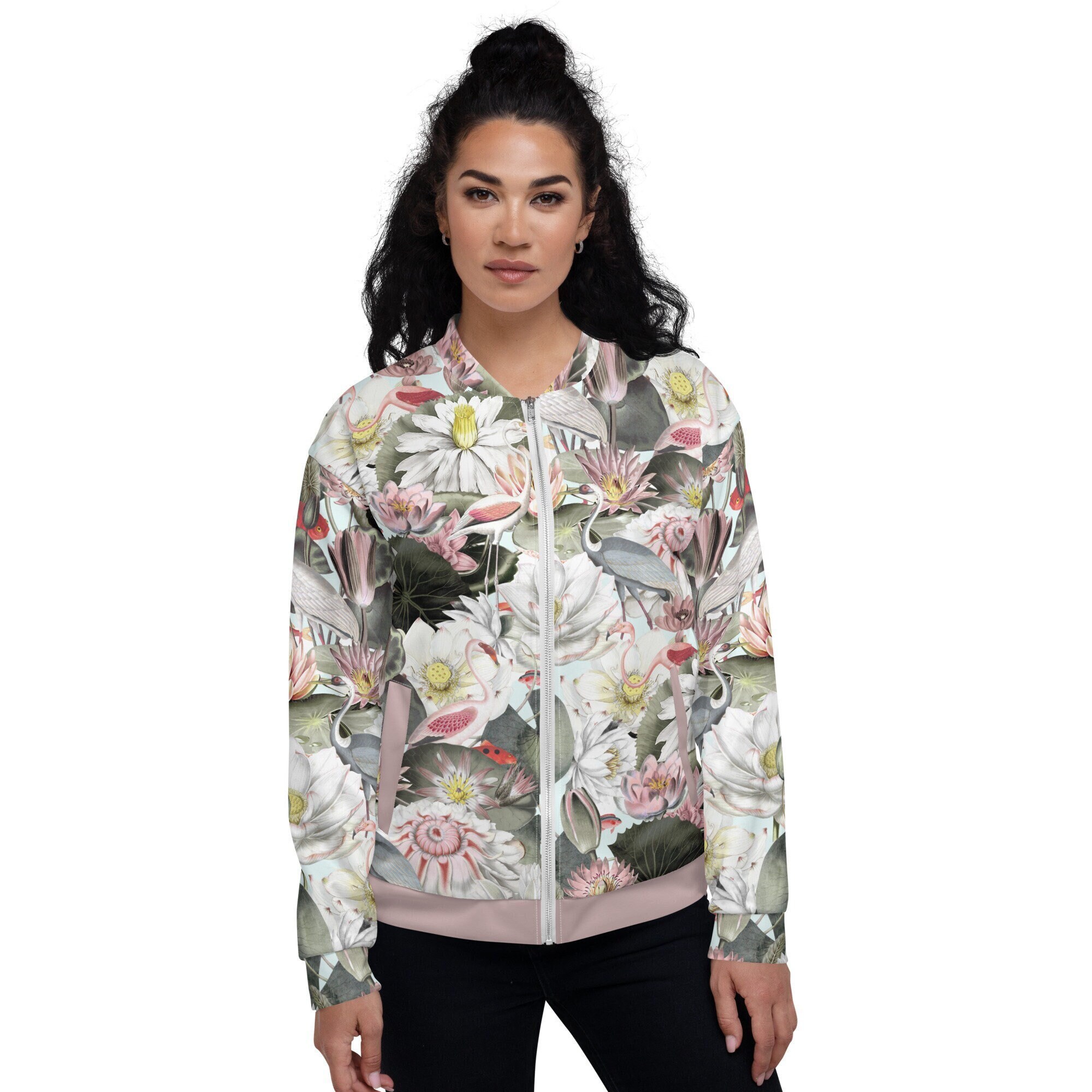 LOTUS GARDEN Bomber Jacket With Flowers Flamingo and Gold Fish, Lily ...