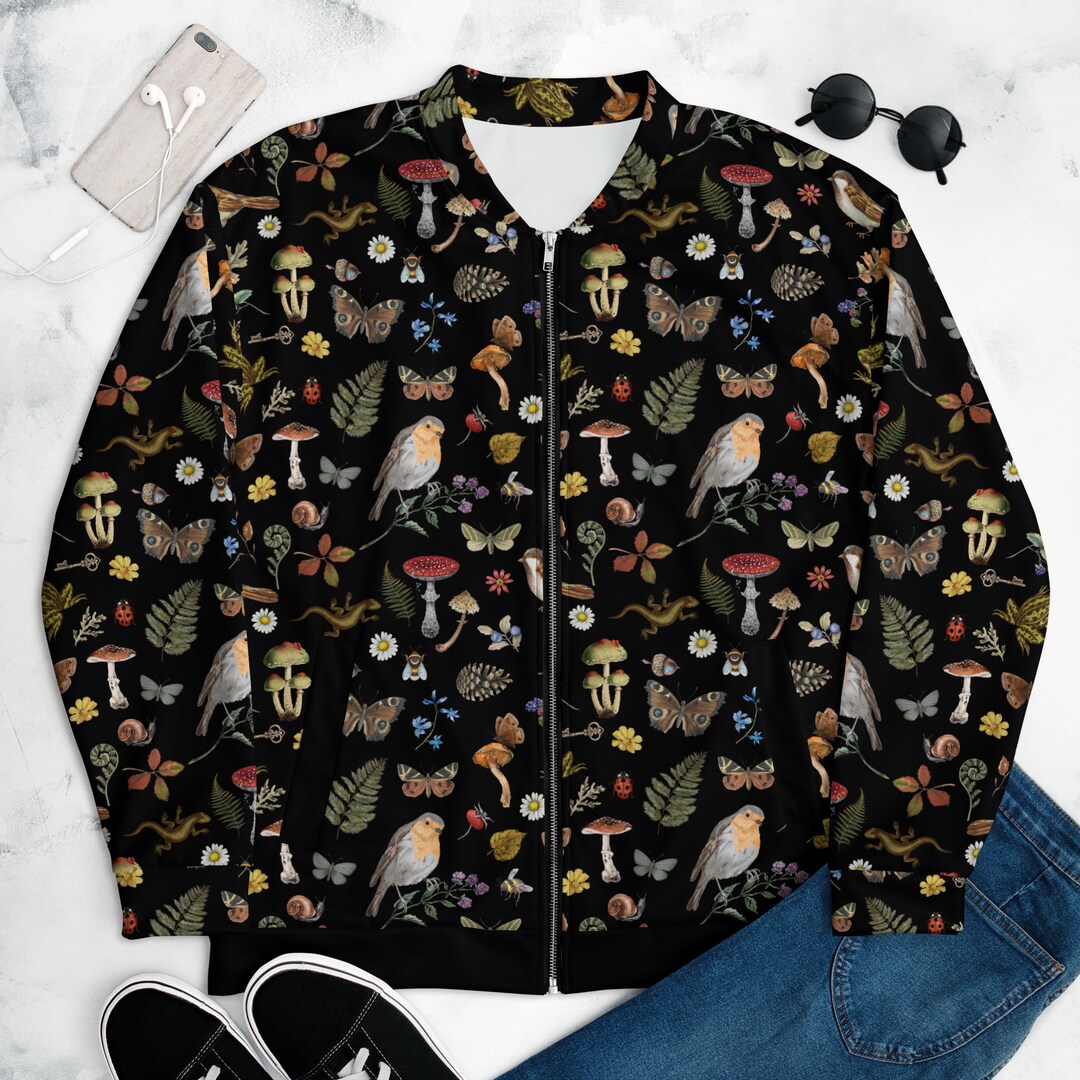 AUTUMN FOREST COTTAGECORE Bomber Jacket With Forest Birds Frog Lizard ...