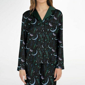 MAGICAL MOON & MOTH Women Two Piece Satin Pajama Set, Moonlit Garden ...