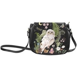 SNOWY OWL Crossbody Saddle Bag, Mystycal Owl Black Vegan Leather Bag ...