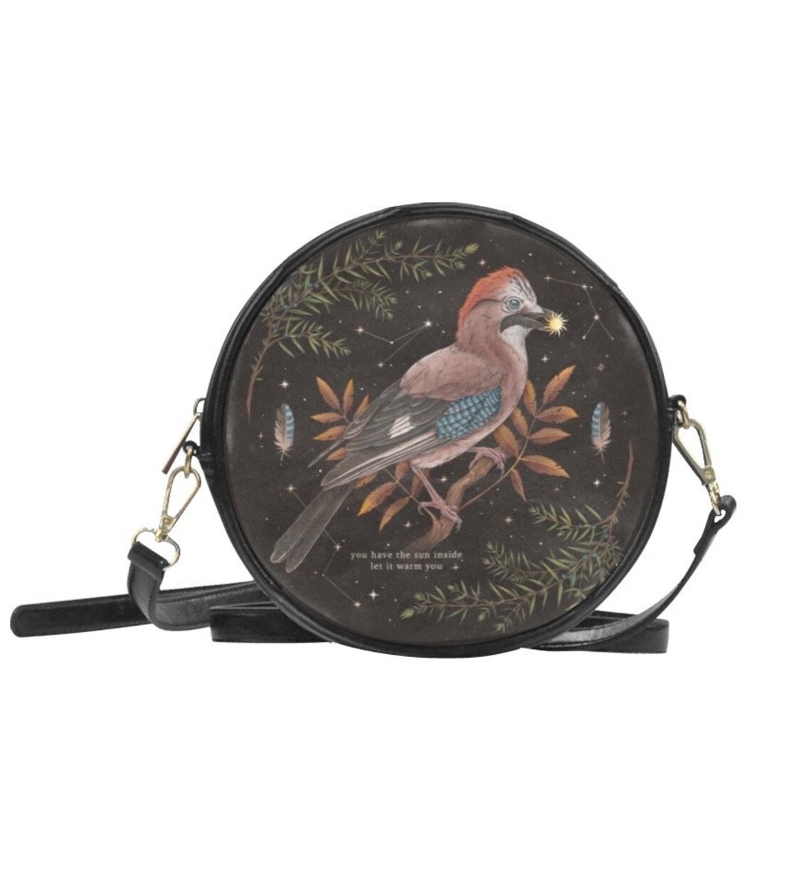 BLUE JAY Round Crossbody Bag, Vegan Leather Purse, Mystical Bird Sling ...