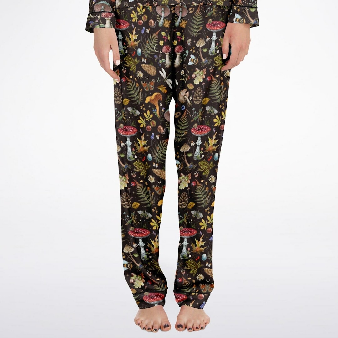 ENCHANTED FOREST Satin Pajama Set With Birds Mushrooms Fern and Plants ...