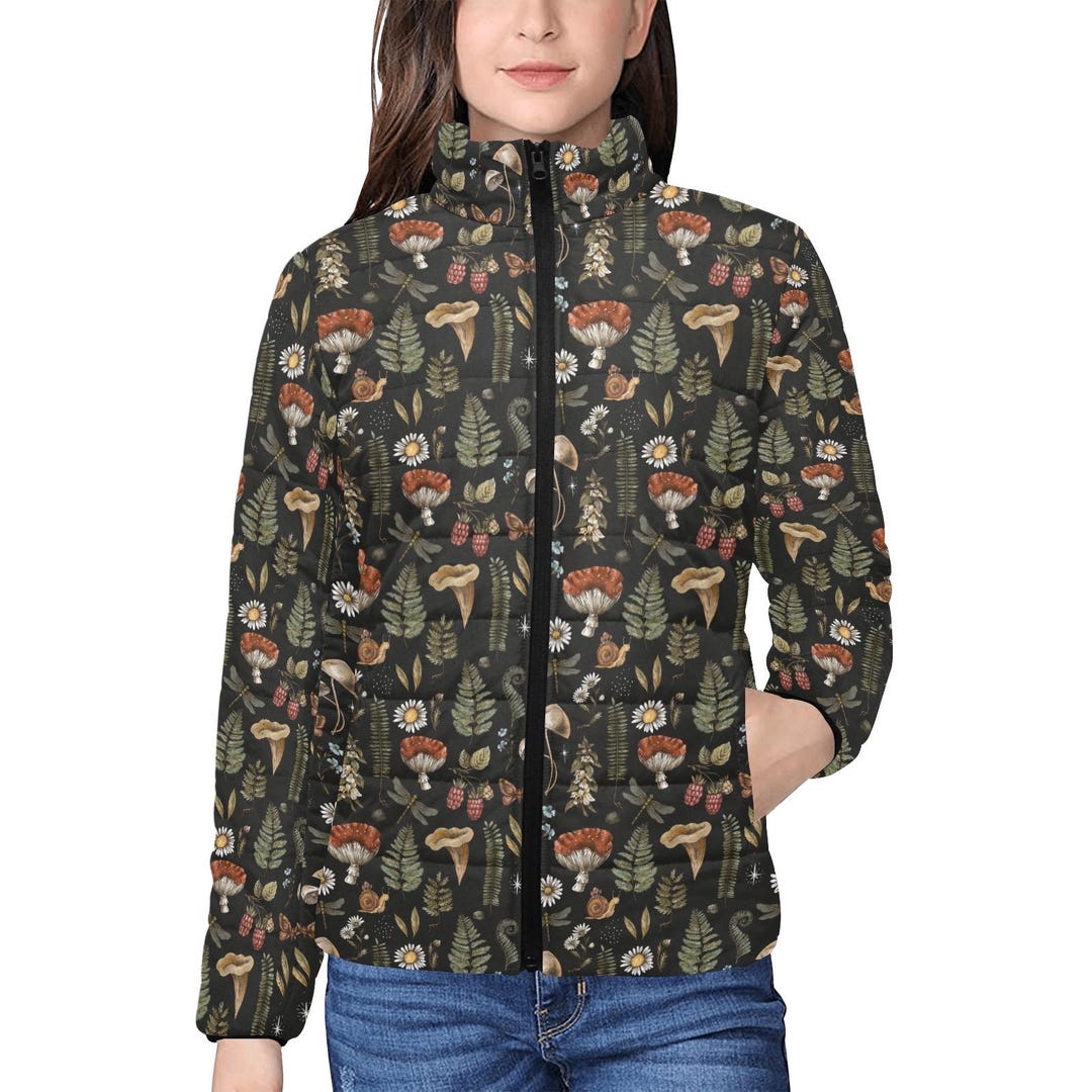 Mushrooms & FERN Goblincore Botanical Puffy Jacket, Woodland Treasures ...