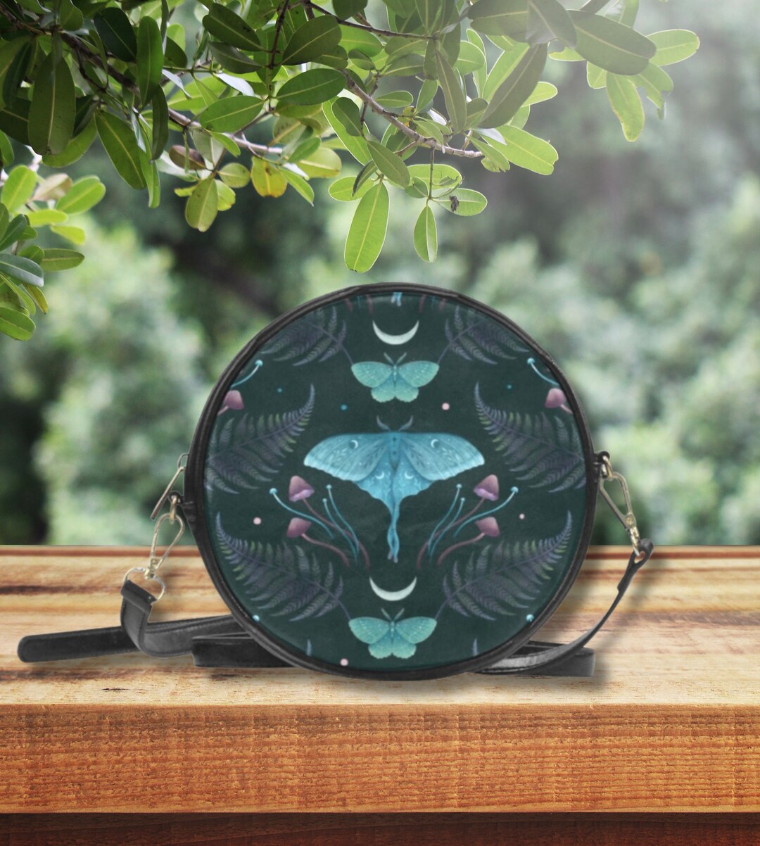 MYSTICAL LUNA MOTH Round Crossbody Bag, Black Vegan Leather Purse, Moon ...