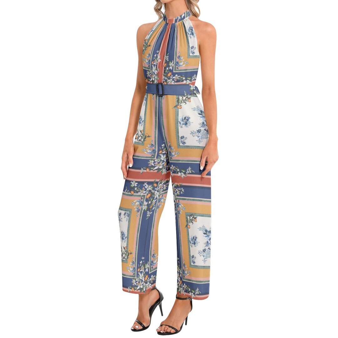 Orange Blossom Halter Neck Buckle Belted Jumpsuit, Mediterranean Women ...