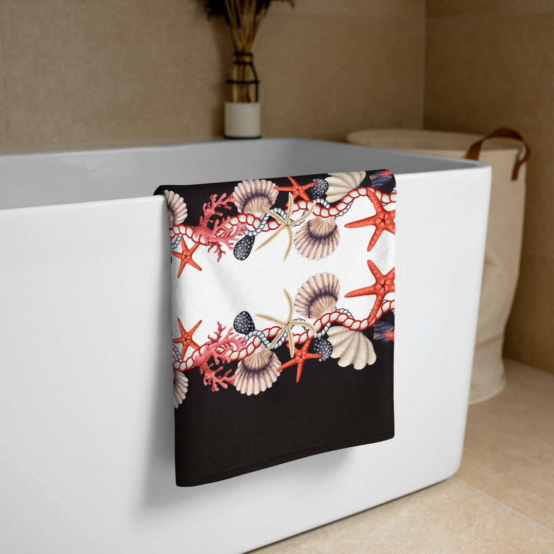 BEACH TOWEL With Red Starfish Sea Shells and Coral, Coastal Swim Towel ...