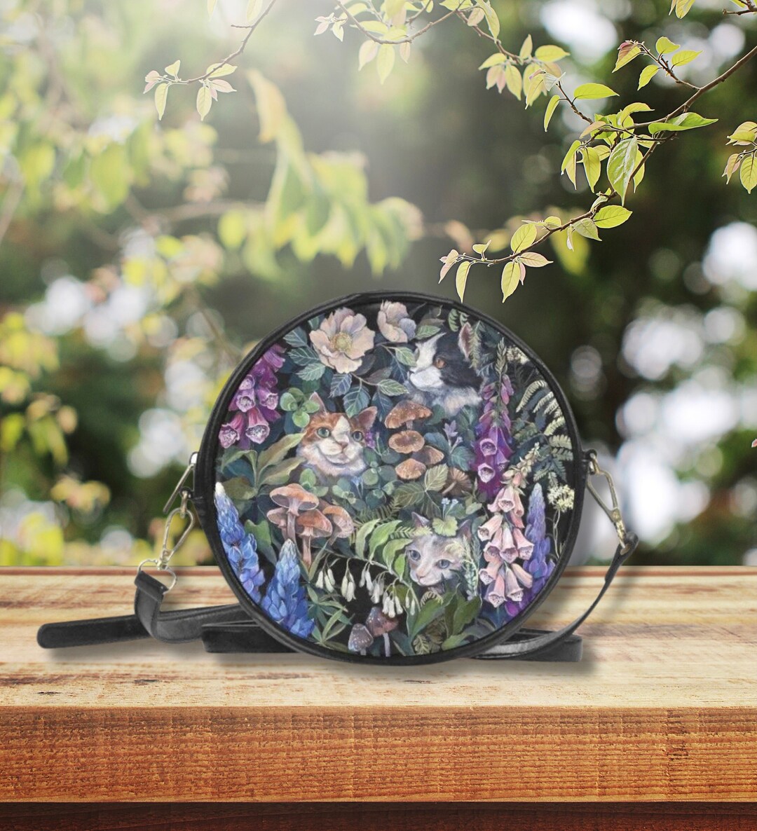 FLORAL CATS Round Crossbody Bag, Vegan Leather Purse, Garden Cat ...