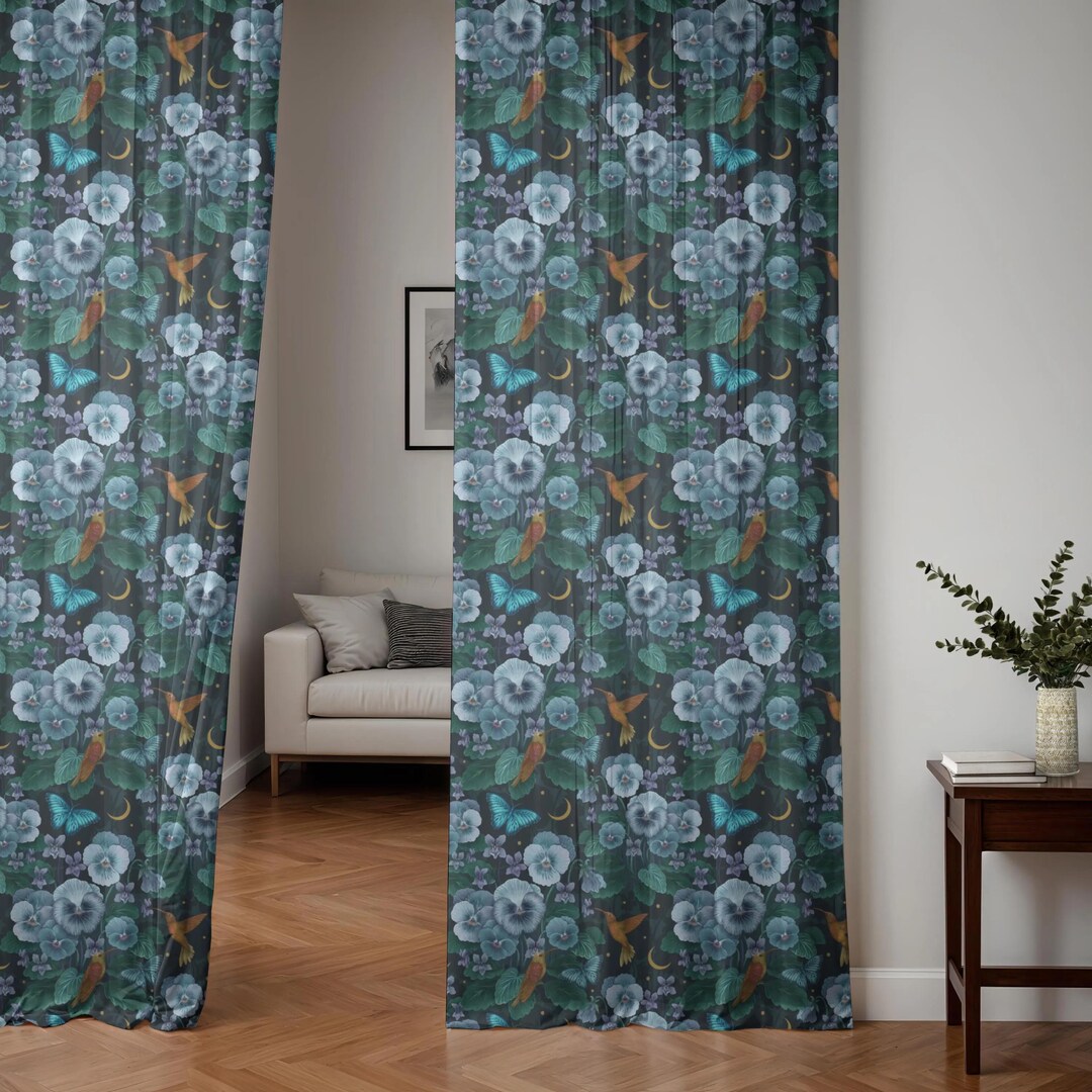 DARK COTTAGECORE Window Curtains (1 Piece) With Violet Flowers Moth ...