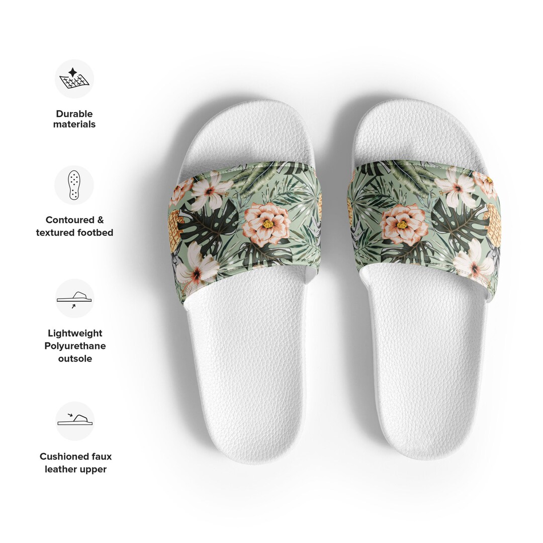 TROPICAL BEACH SLIDES With Hibiscus Rose Flowers Pineapples & Palm ...