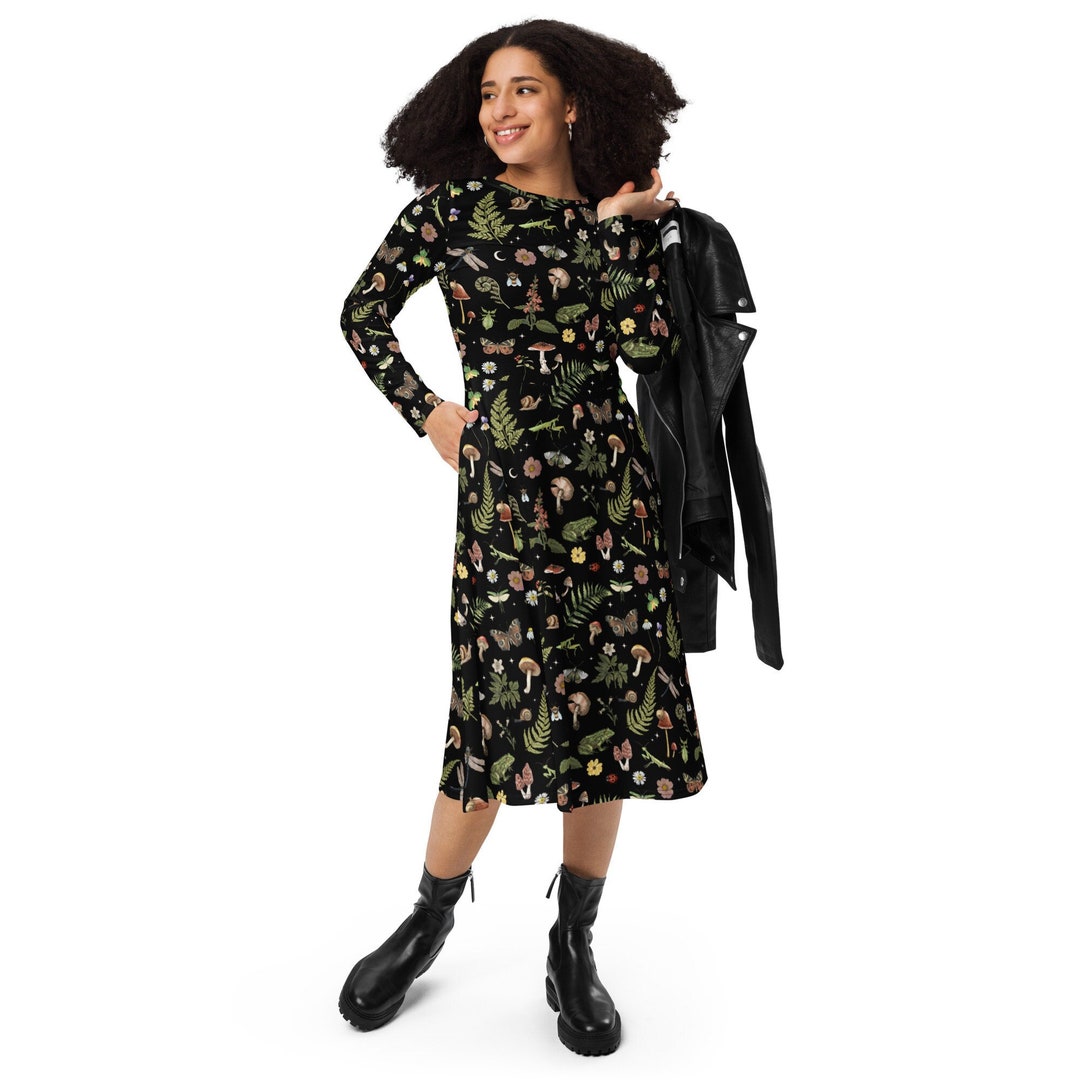 Cottagecore Botanical Long Sleeved Midi Dress, Forest Nature Dress ...