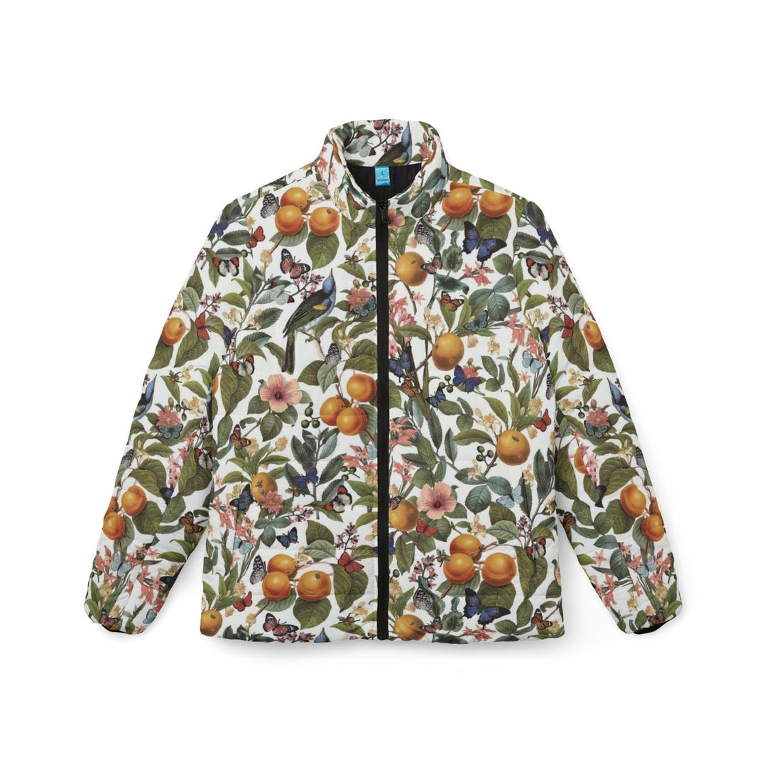 CITRUS Puffy Jacket, Italian Garden Puffer Jacket With Oranges Hibiscus ...