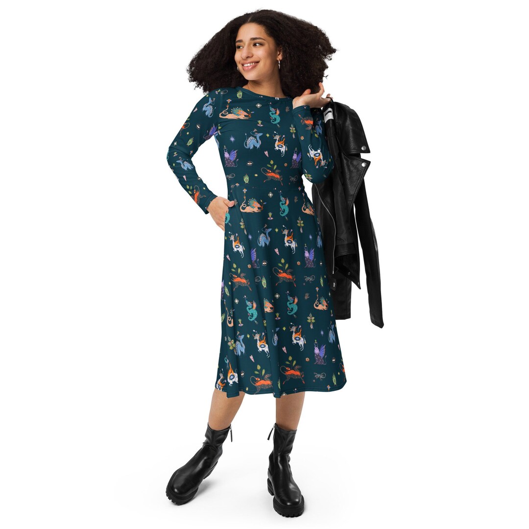 MYTHIC CREATURES Long Sleeved Dress With Pockets, World of Dragons Midi ...