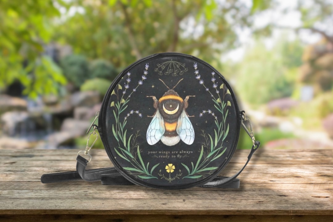 FLORAL BEE MYSTICAL Celestial Round Crossbody Bag, Black Messenger Bag ...