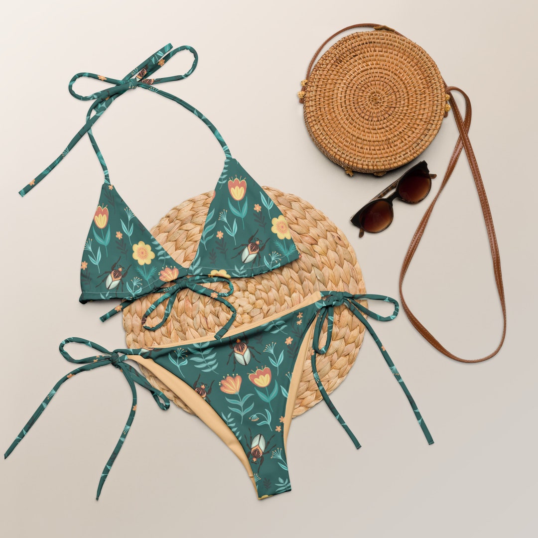 Cottagecore Recycled String Bikini With Cute Beetles and Flowers ...