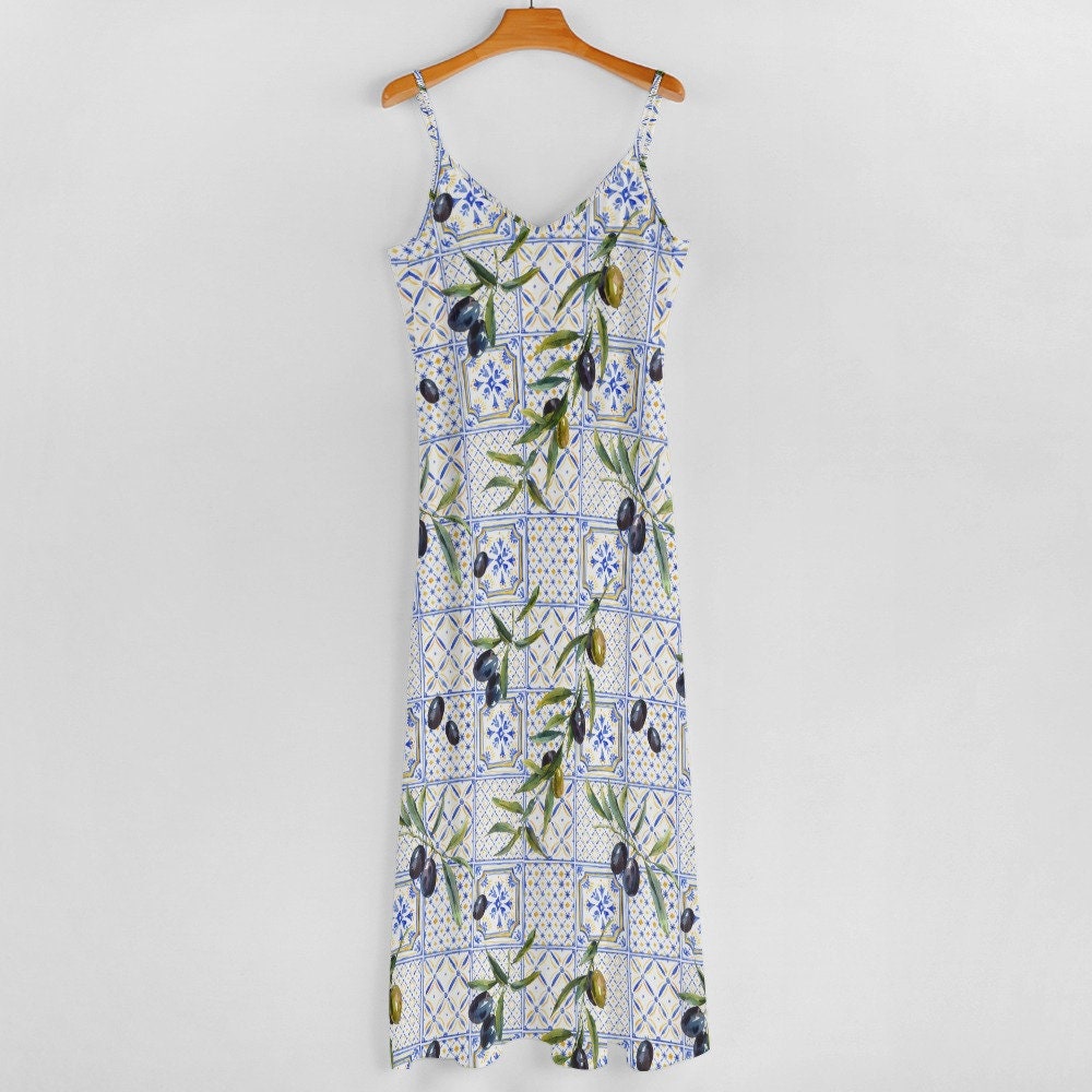 Olives Tiles Blue Ornaments Pattern Dress, Portuguese Sling Dress ...