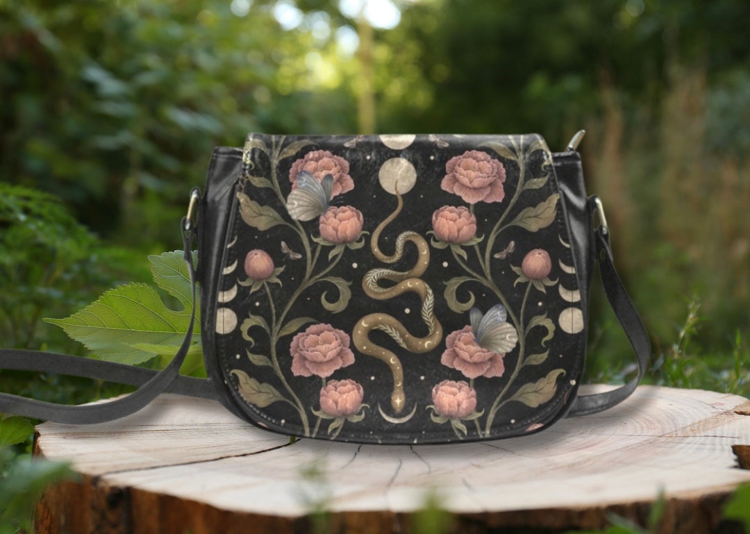 FLORAL SNAKE Crossbody Saddle Bag, Whimsigoth PU Leather Bag, Witchcore ...