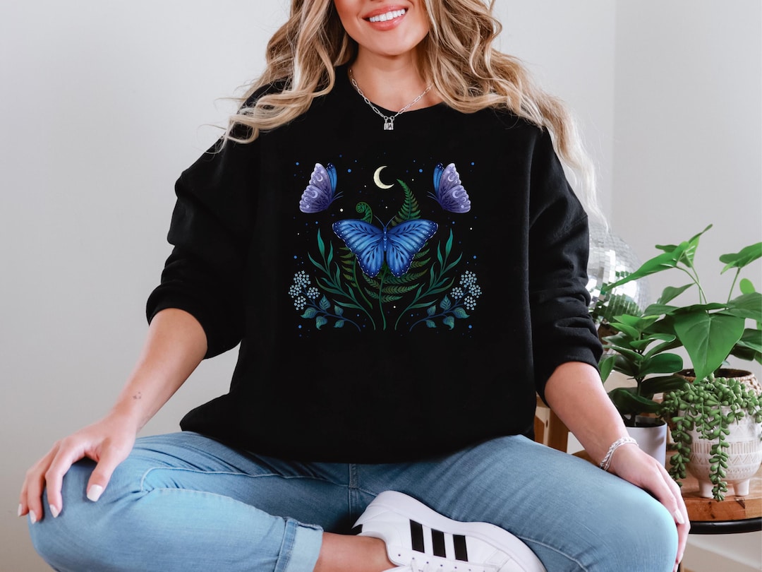 BLUE MORPHO BUTTERFLY by Episodic Drawing Sweatshirt, Floral Butterfly & Crescent Moon Shirt ...