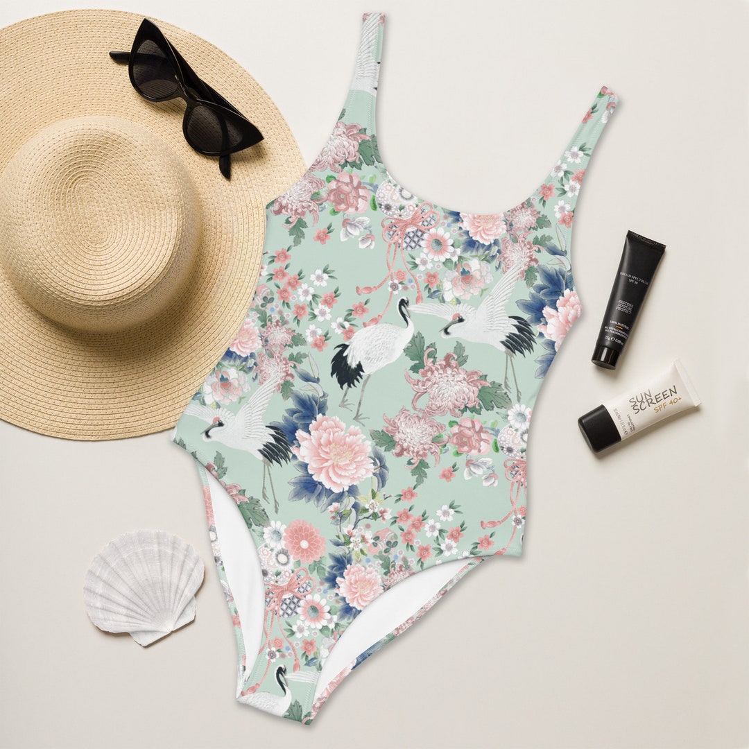 BOHEMIAN GARDEN Swimsuit for Ladies, Crane Bird Chinoiserie Swimming ...